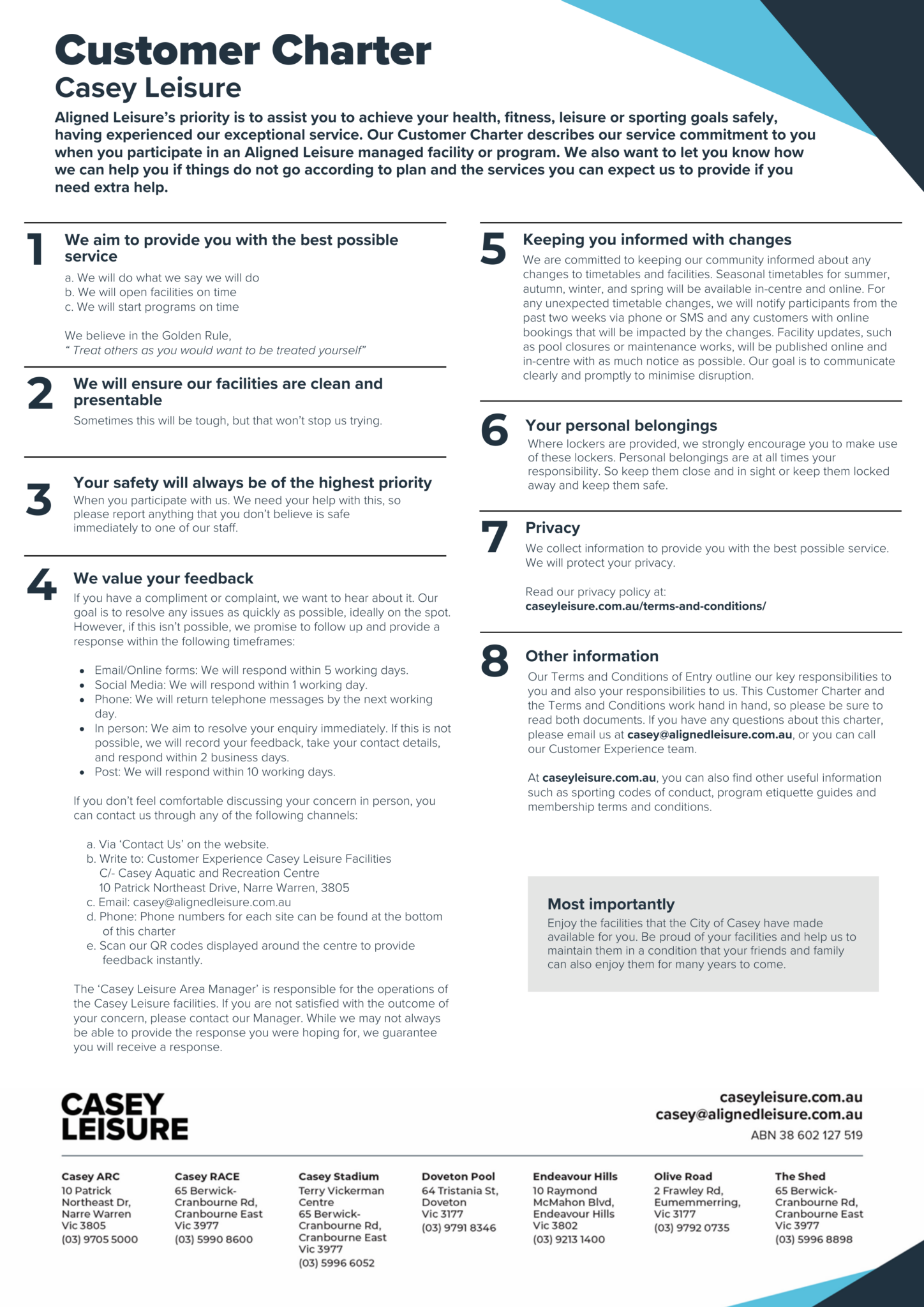 Customer charter - Casey Leisure